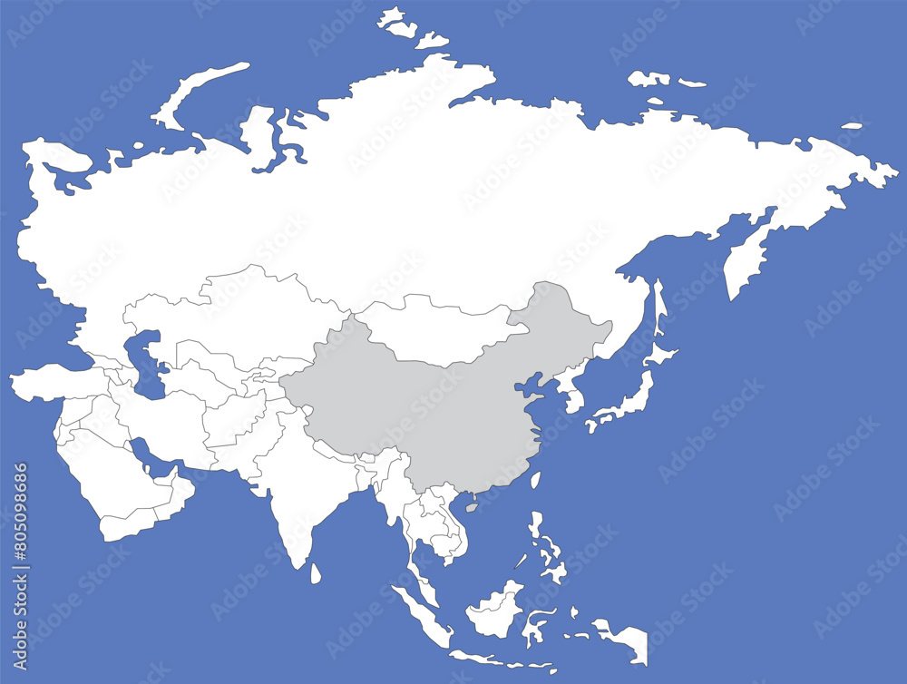 Highlighted grey map of CHINA inside white political map of Asia using ...