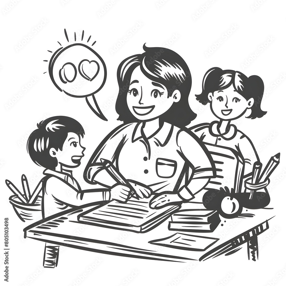 Black and white cartoon illustration of elementary school kids studying ...