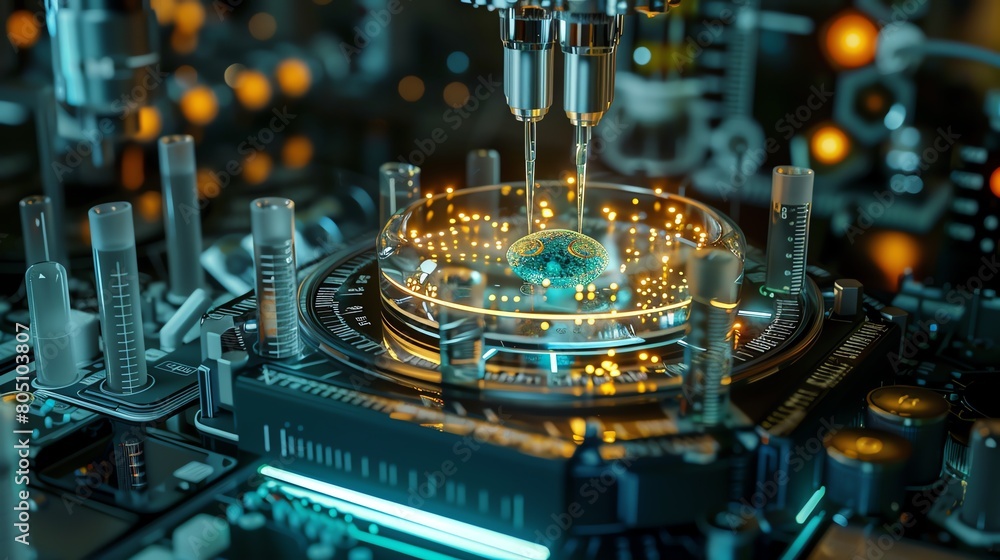 A close-up 3D model of a miniature laboratory setting where a single ...