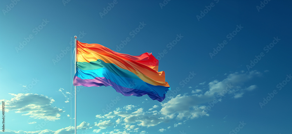 rainbow lgbt flag proudly flying high on a flagpole against a soft blue ...