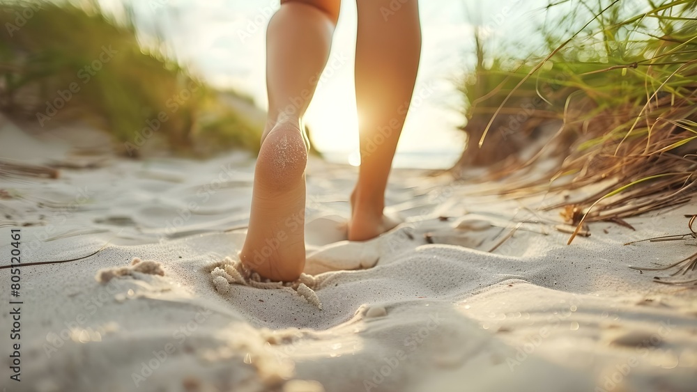 Womans barefoot legs walking on sandy shoreline closeup back view photo ...