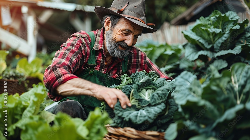 Disabled farmer harvesting vegetables in a community garden, reflecting ...