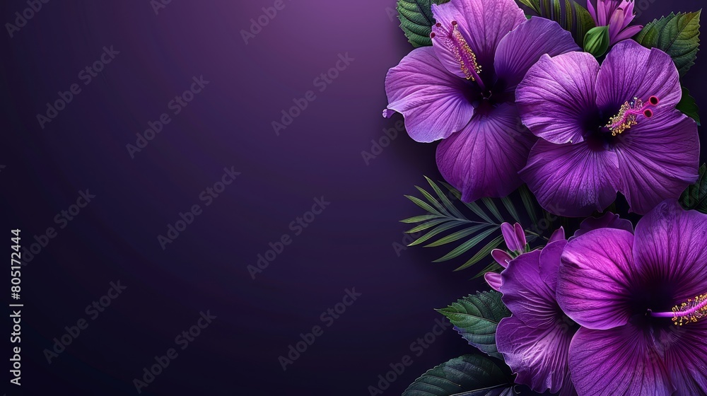 Purple backdrop featuring a collection of violets with emerald green ...