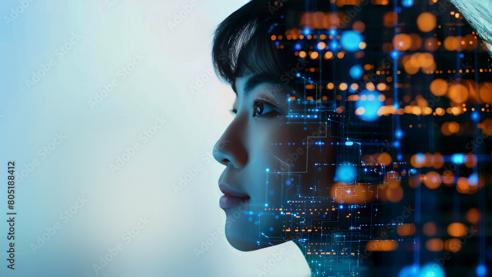 side profile portrait of a white asian female with an ai tech pattern ...