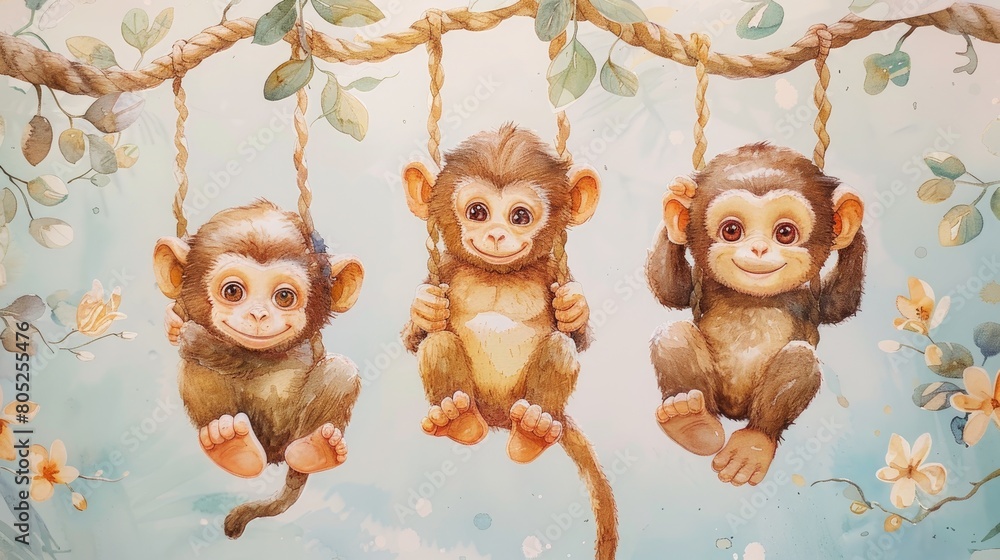 Three monkeys hanging from a rope in a jungle setting. The monkeys are ...