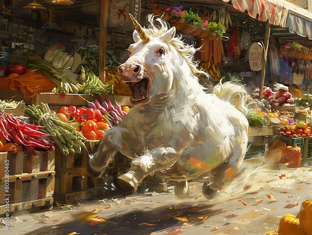 A digital painting captures the chaotic antics of a funny, fat unicorn ...