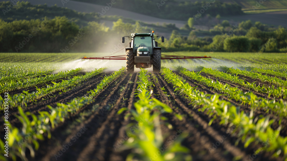 Tractor spray fertilize field with insecticide herbicide chemicals in ...