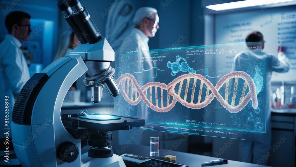 In a futuristic laboratory, scientists analyze a 3D DNA strand using ...