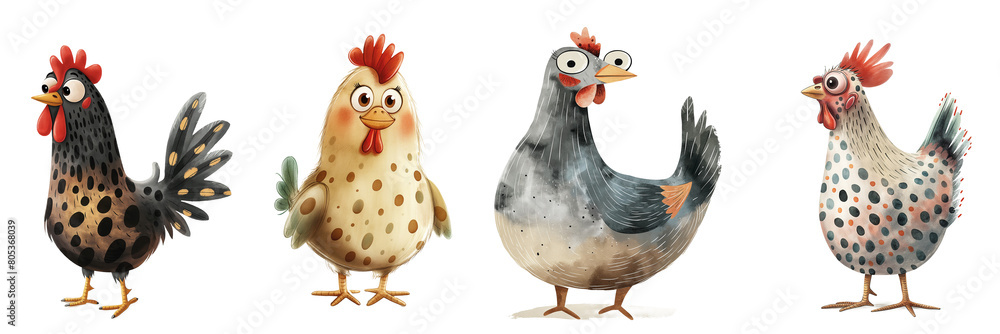 Cartoon chicken collection on transparent background. Watercolor ...