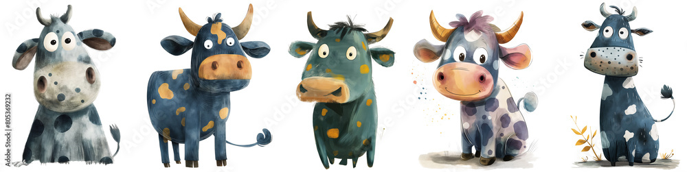 Cartoon cow collection on transparent background. Watercolor ...