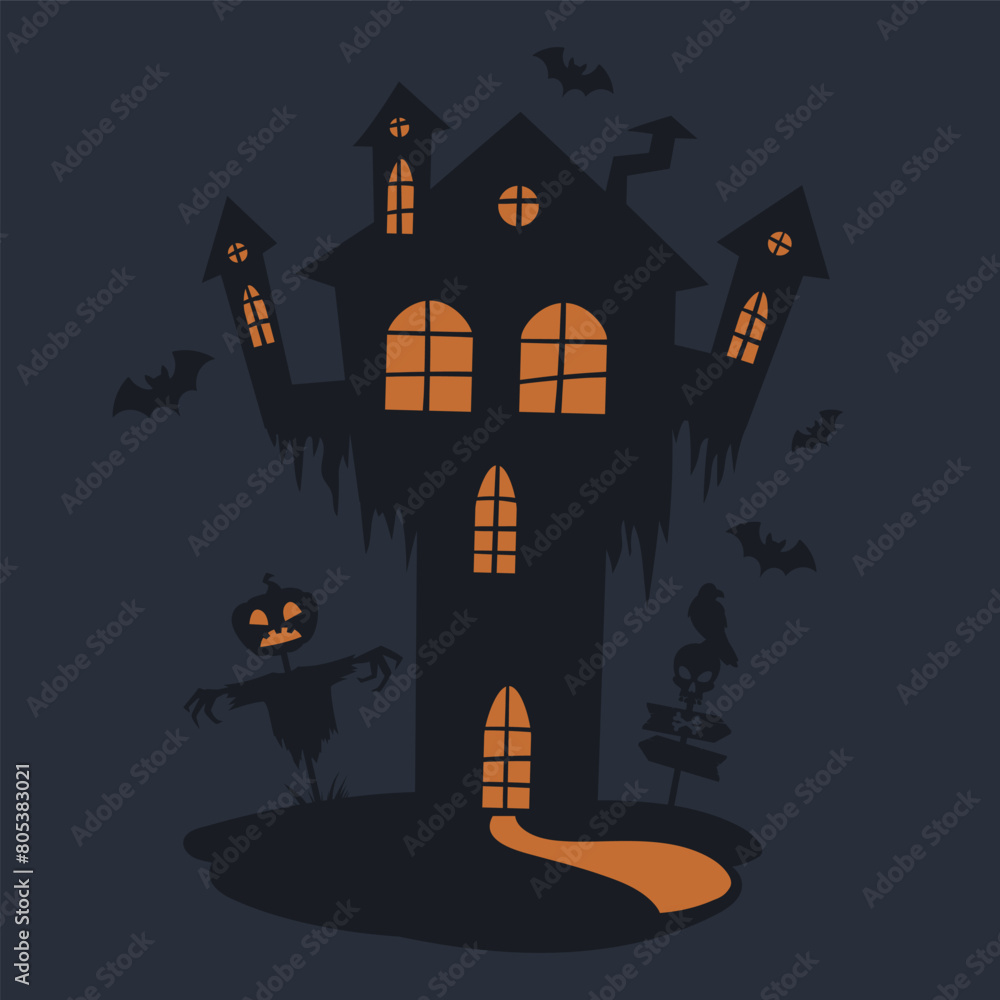 Cartoon house with ghosts. Halloween haunted house silhouette, spooky ...
