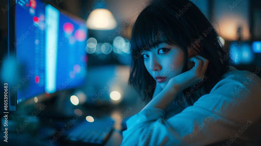 depressed,sadness,programmer Woman hunched over a messy desk in a dimly lit cubicle farm behind ...