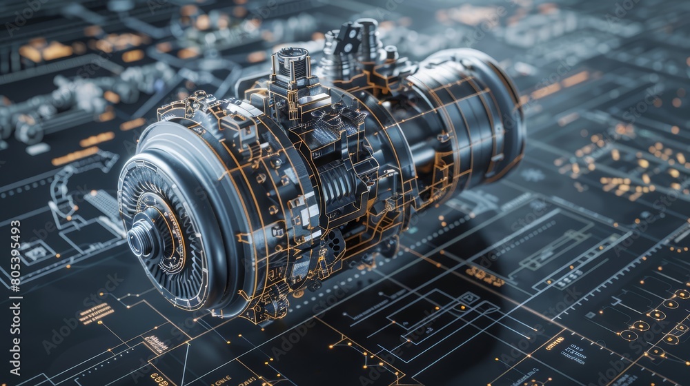 3D model of an engine displayed above detailed engineering schematics, highlighting mechanical ...