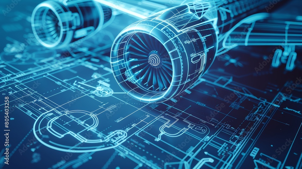 Aerospace engineering blueprint with an array of components, showcasing ...