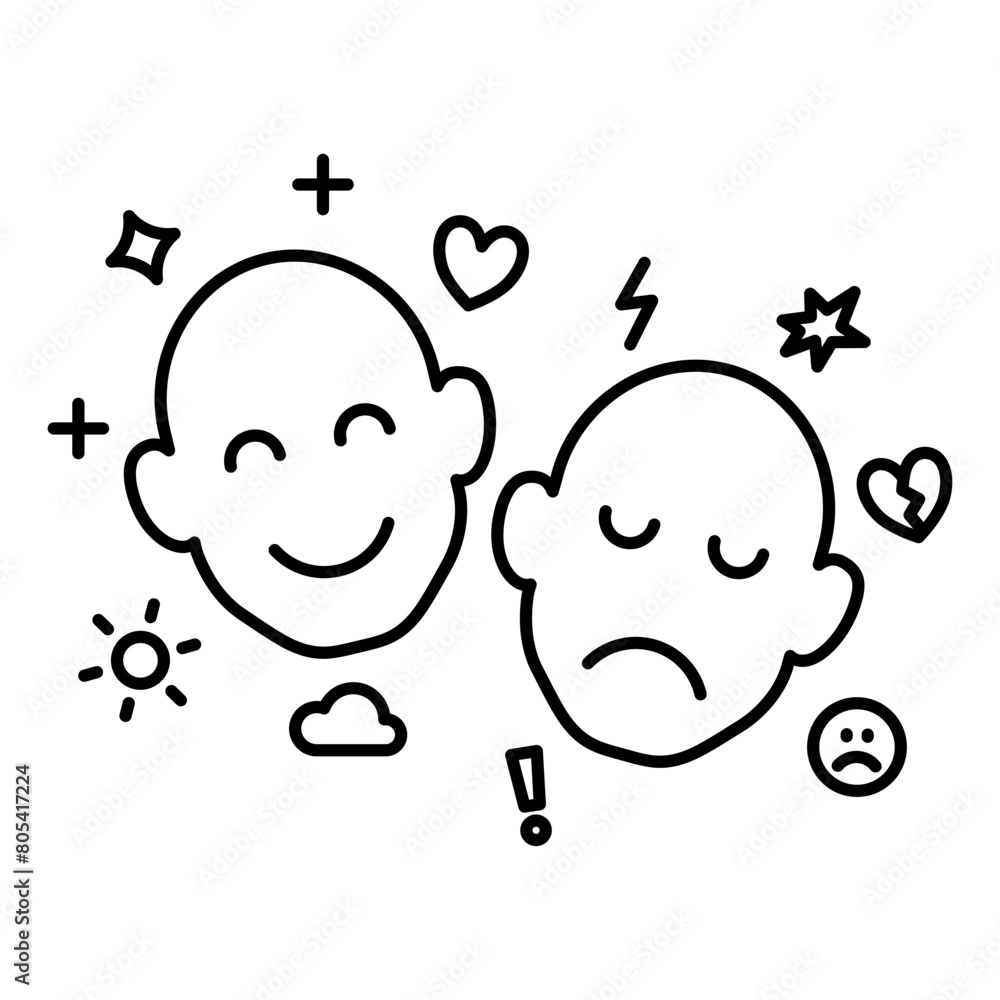 Positive and negative thinking. A head illustration with positive and ...