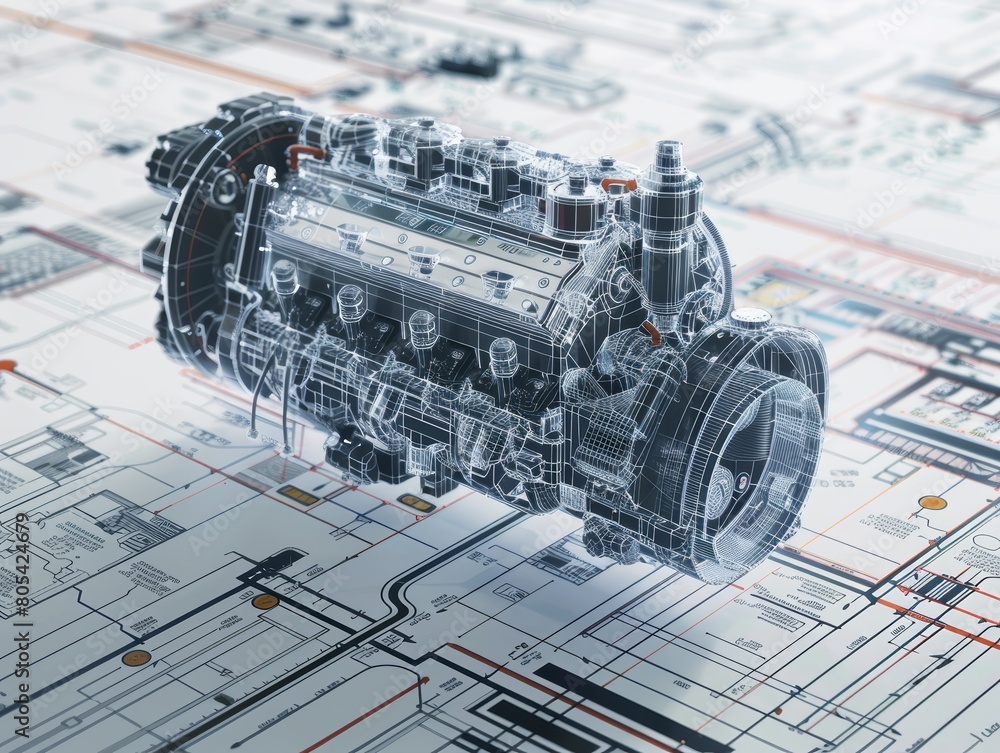 Engine 3D model superimposed on detailed schematics, highlighting the integration of design and ...
