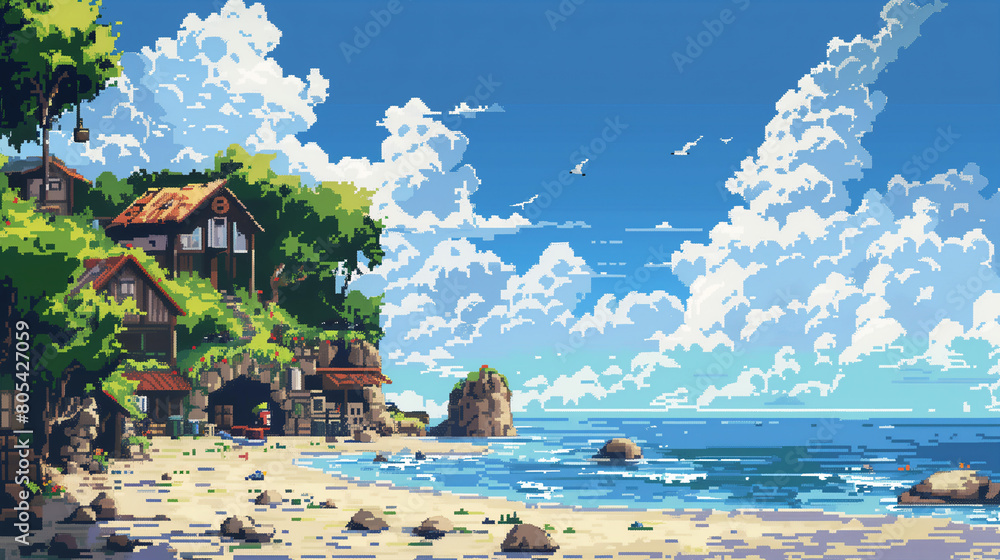 pixel art of sunny beach dungeon background battle scene in RPG old ...