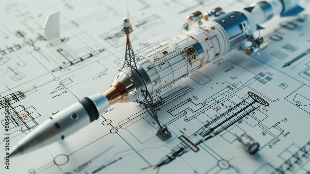 Technical plans for a modern rocket displayed for reverse engineering ...