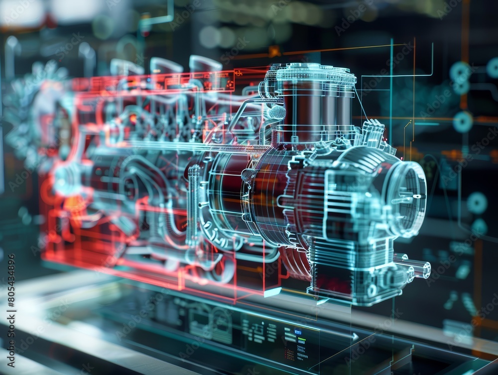 Technical presentation of an engine with a 3D model overlaying precise engineering schematics ...