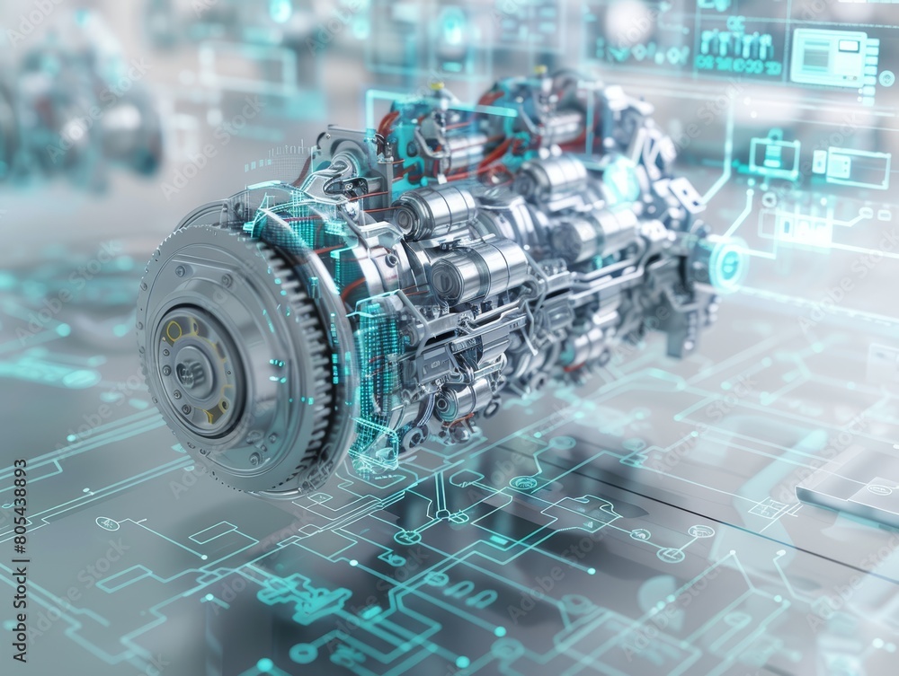 Technical presentation of an engine with a 3D model overlaying precise engineering schematics ...