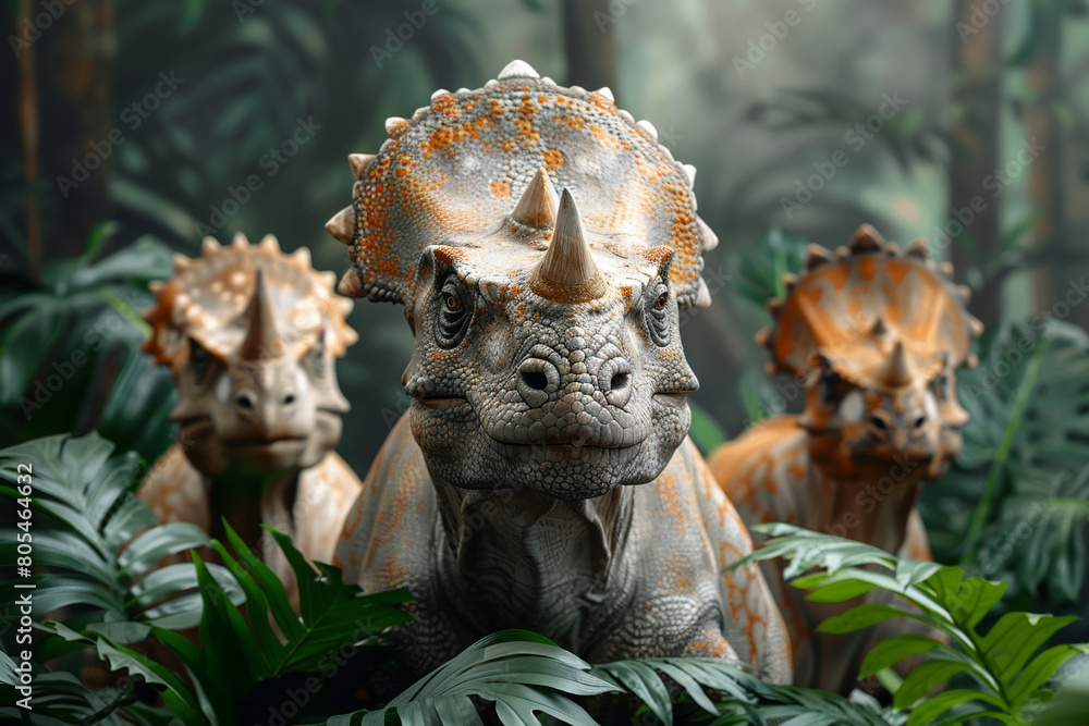 In a lush rainforest, an exotic group of dinosaurs, their scaly skin ...