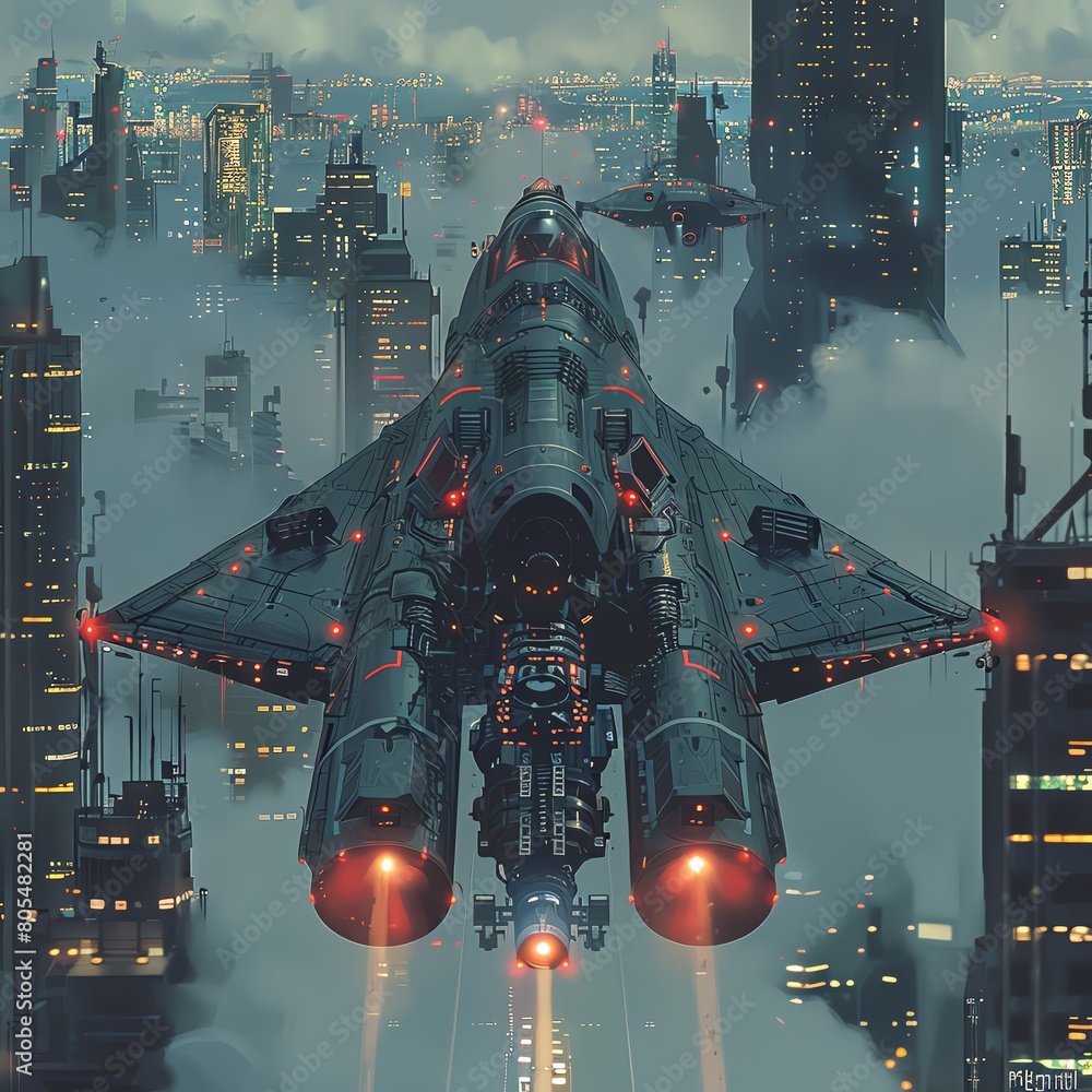 Illustrate a futuristic spaceship from a rear view angle as it delves ...