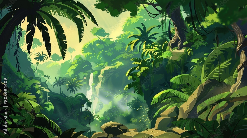 an illustration of a jungle theme in the background, skybox texture for ...