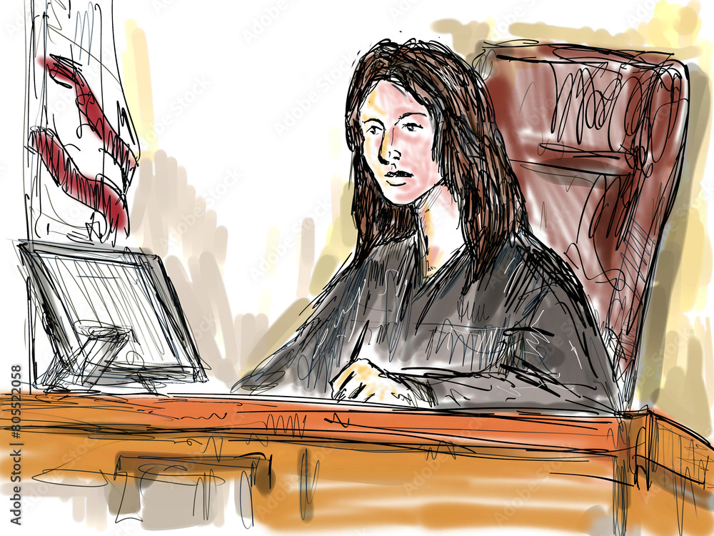 Pastel pencil pen and ink sketch illustration of a courtroom trial ...