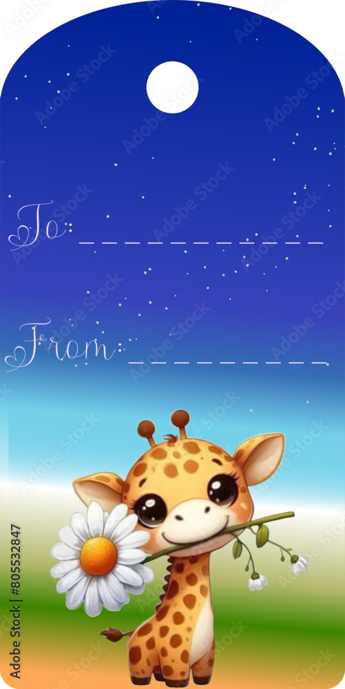 labels or tags for gifts with a baby giraffe with daisy with white ...