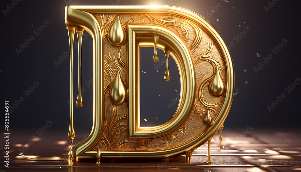 letter D in golden drip effect, shiny metallic, logo, hyper realistic ...