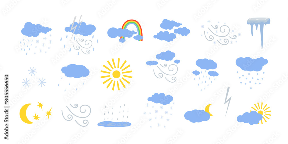 Weather elements set sun, wind, rain, fog, clouds cute hand drawn ...