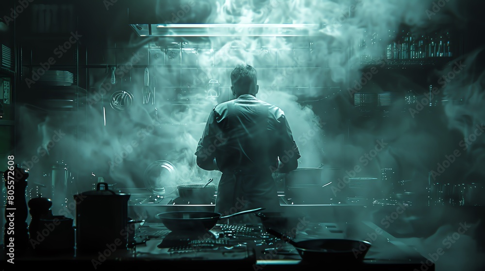 Design a 3D rendering of a chef cooking in a dimly lit kitchen ...