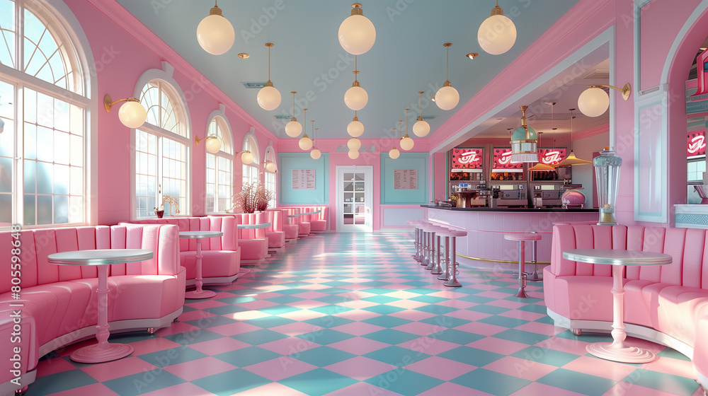 Cute vintage ice cream parlor interior with a pink and turquoise color ...