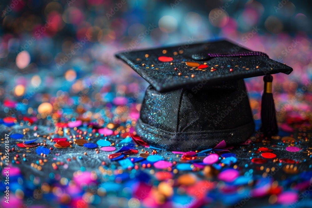 This image captures a sparkling graduation cap on a bed of colorful ...