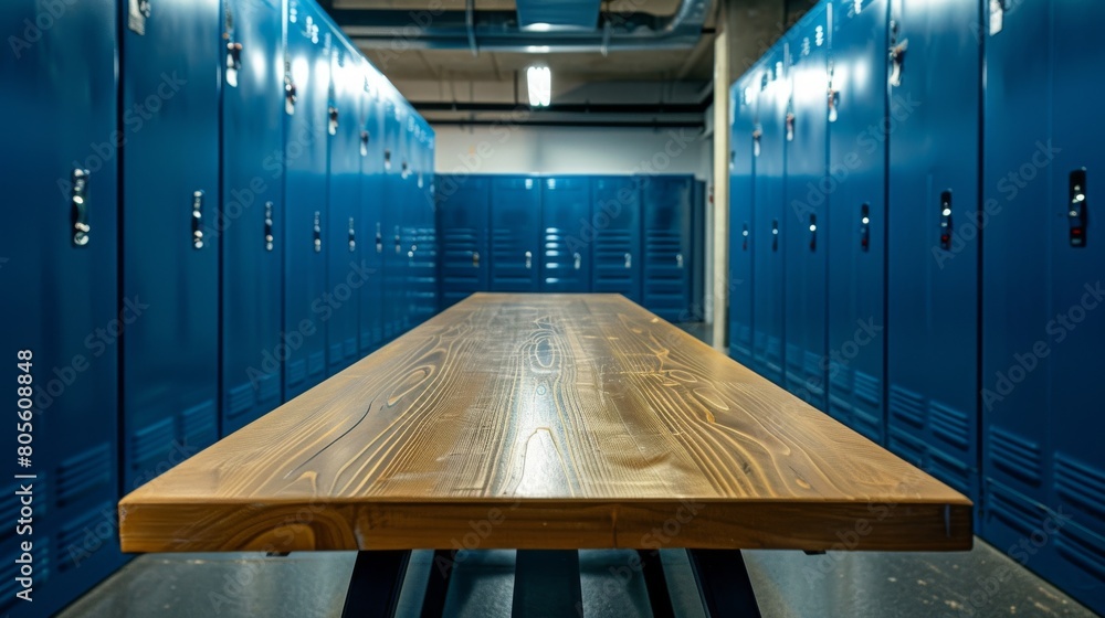 Wooden table in the middle of blue lockers in an industrial gym, front ...