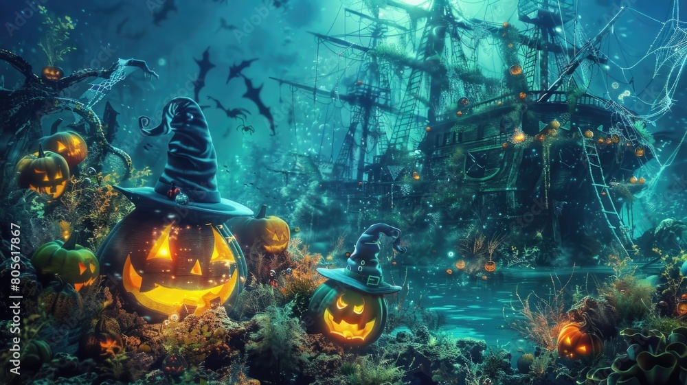 underwater Halloween scene featuring sea creatures dressed as witches ...