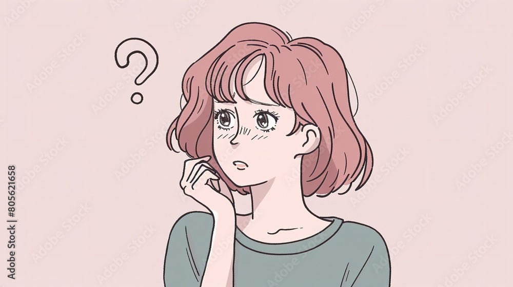 A young girl with short pink hair is looking to the left with a ...