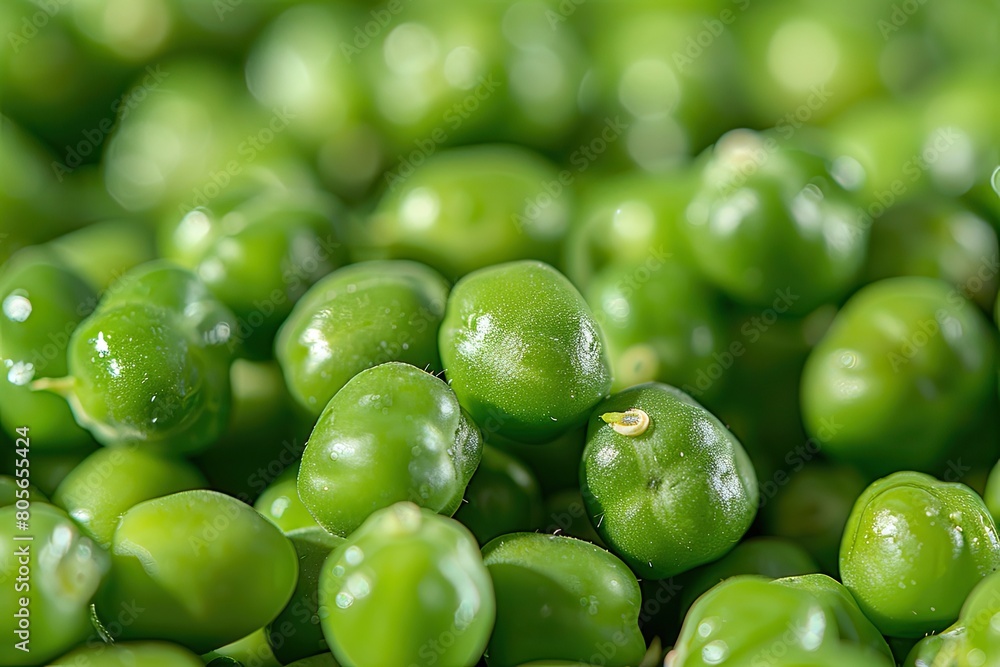 A bunch of green peas are shown in a close up. The peas are all ...