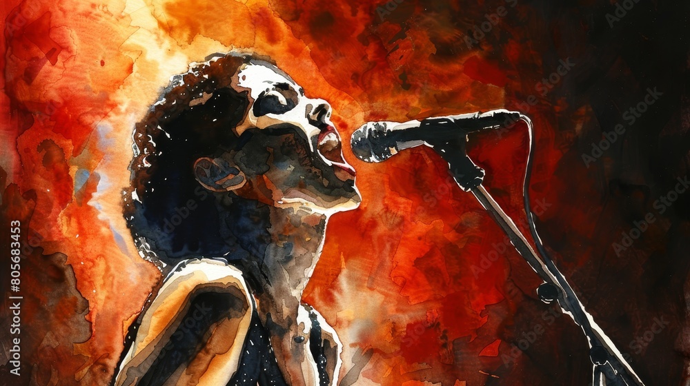 Watercolor of a female singer belting a high note on stage, intense ...