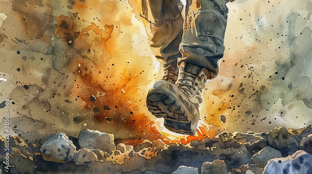 Watercolor of close-up soldier boots on rough terrain, a fiery explosion backlighting the scene ...