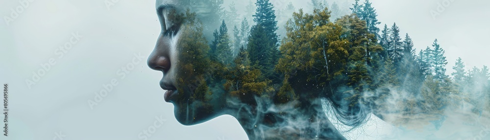 This image shows a human face in profile, formed by a forest and a lake ...