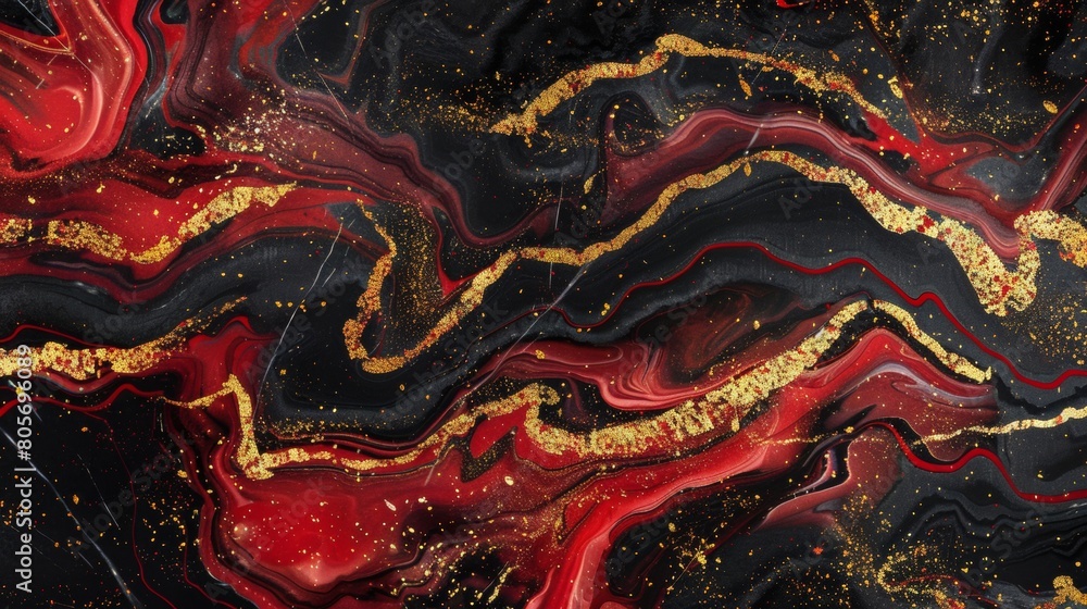 Abstract red and black marble pattern with golden veins, shiny ...