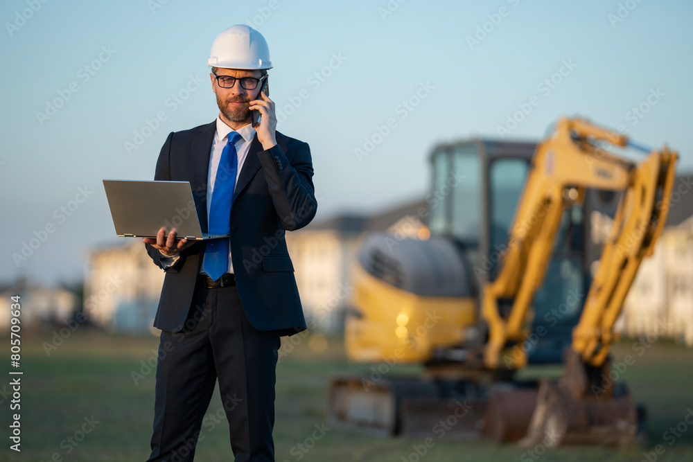 Construction builder investor. Man investor in front of construction ...