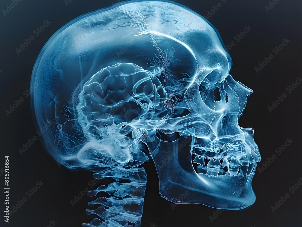 Transparent Blue X-Ray Overlay of Detailed Human Skull with Internal ...