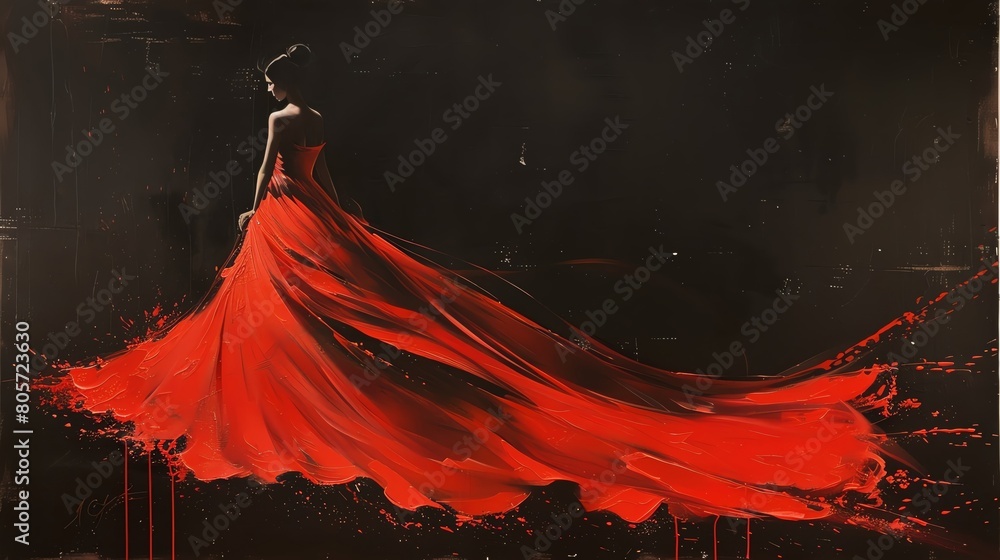 Capture a side view of a glamorous Lady in red gown, exuding mystery ...