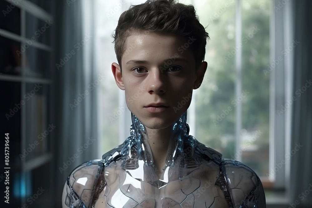 Ilustração Teenager boy with a robotic body. Transplantation of the ...