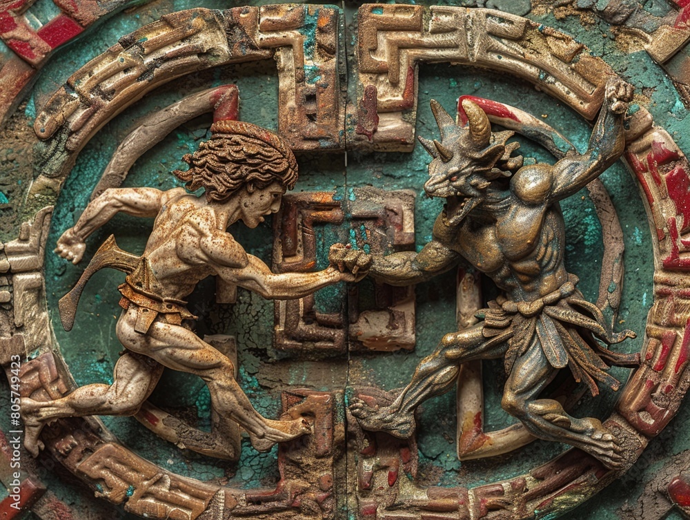 Above the labyrinth, Theseus and the Minotaur locked in battle ...
