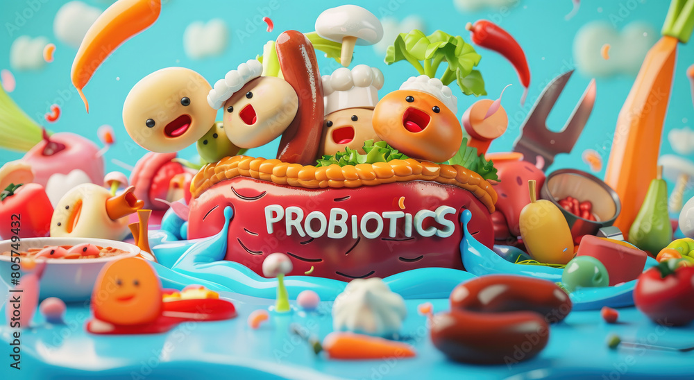 3d cartoon illustration of cute tiny happy bacteria cooking in the ...