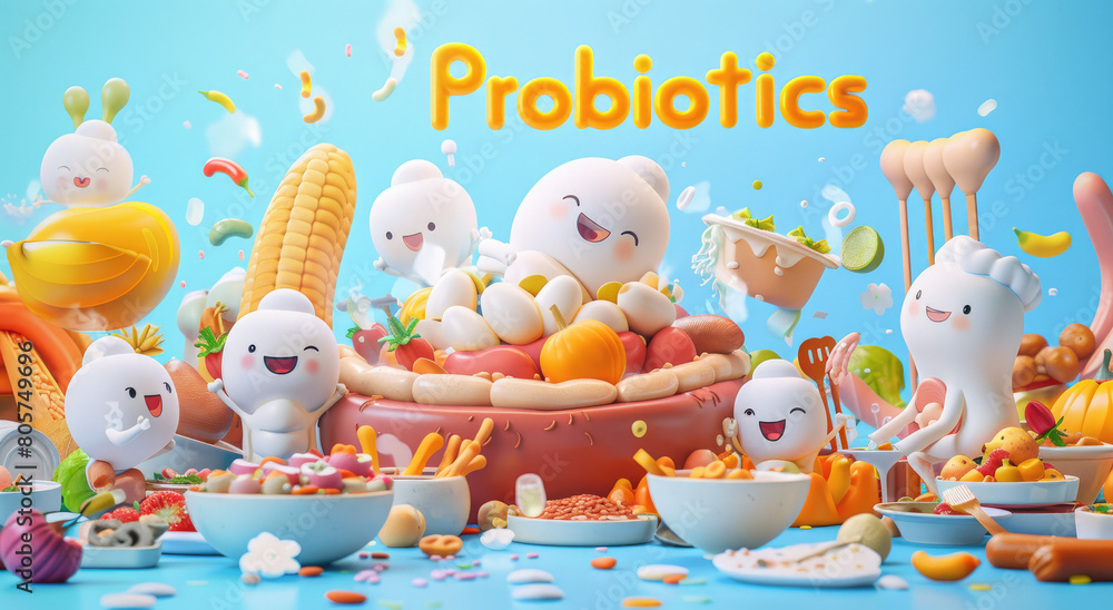 3d cartoon illustration of cute tiny happy bacteria cooking in the ...