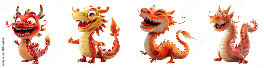 Set of 3D cute happy cartoon Chinese dragon, isolated on white ...